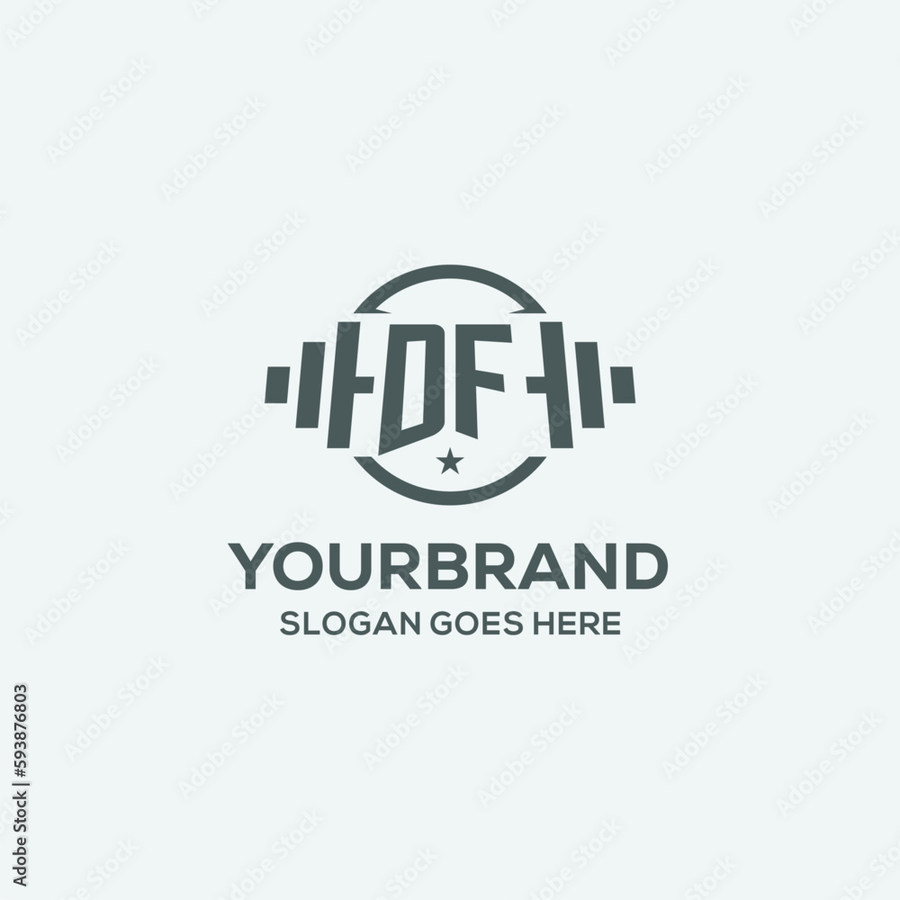Initial letter DF fitness logo with creative dumbbell and circle line ...