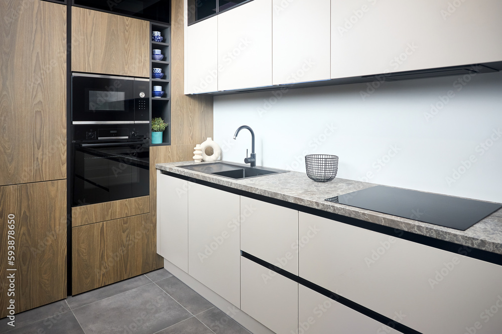 Póster Urban rustic loft style kitchen interior in wooden facade and ...