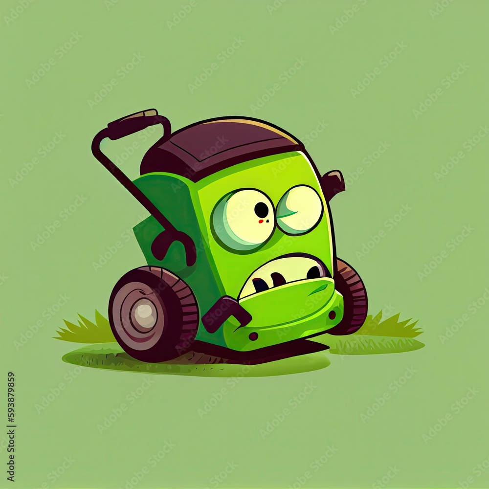 cute lawn mower cartoon character grabs his head, cartoon style, modern ...