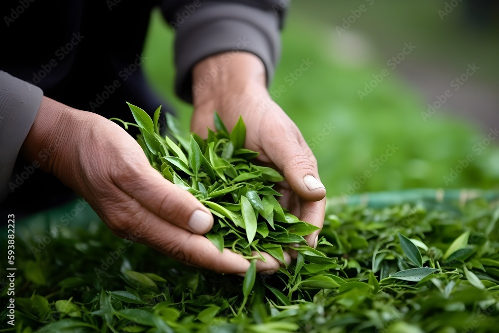 Picking tip of green tea leaf by hand at tea plantation. made with ...
