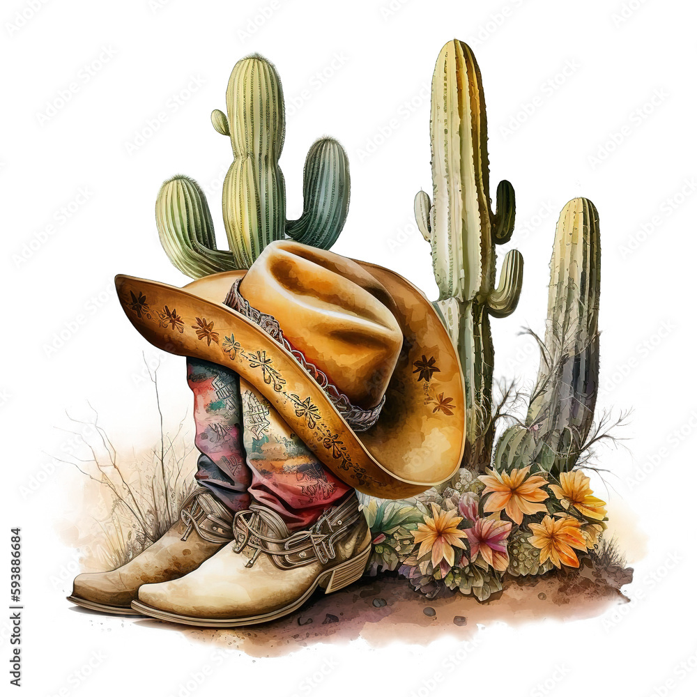 Vintage cowboy hat with wide brim on a pair of old cowboy boots with ...