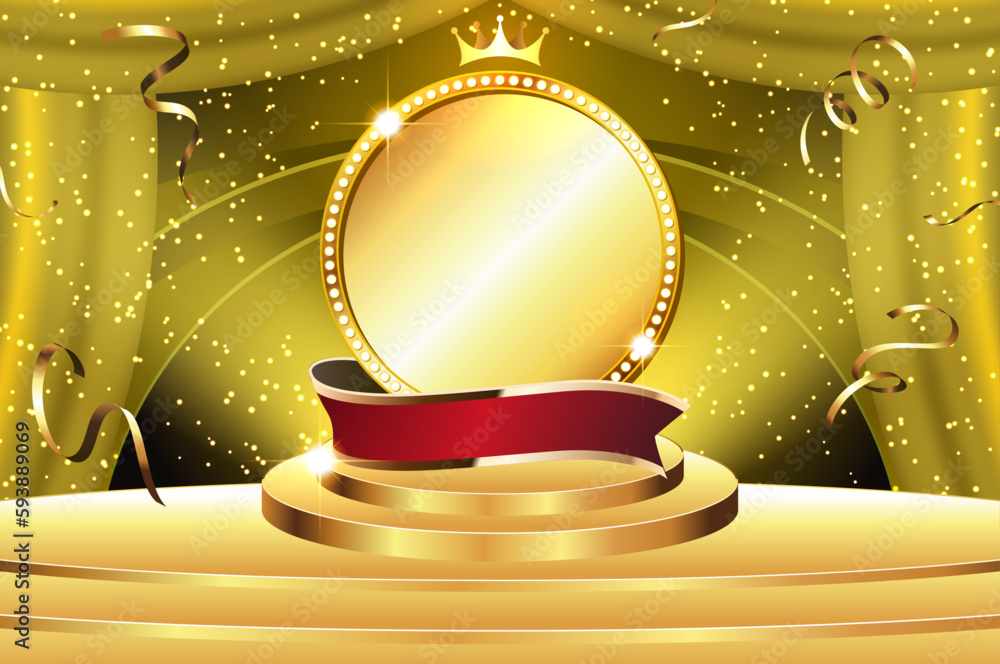 Golden stage and gold medal background illuminated by spotlights Stock ...