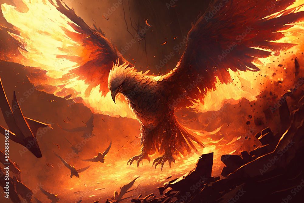 Experience the fiery rebirth of a majestic phoenix, its wings flapping ...