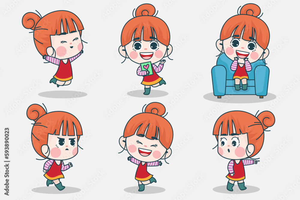 Young smart girl character with different facial expression and hand ...