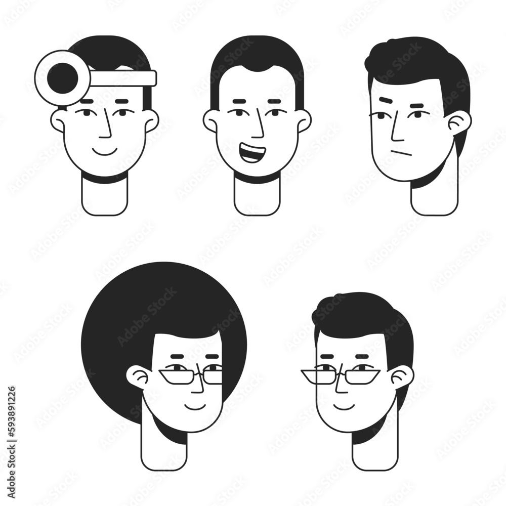 Happy short-haired men flat line monochromatic vector character heads ...