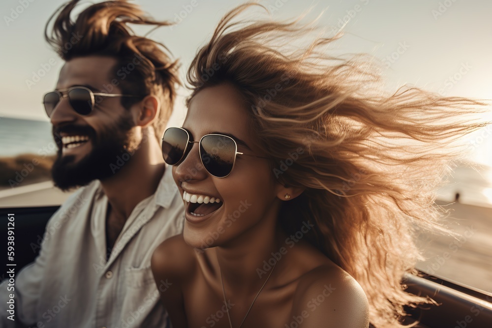 Summer road trip scene, featuring a couple smiling as they drive along ...