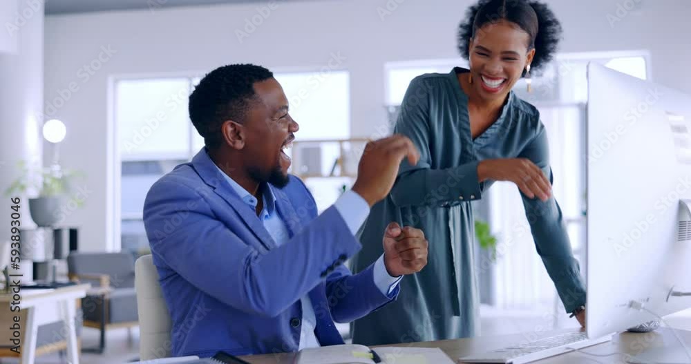 Winner, success or happy black people high five in celebration of ...