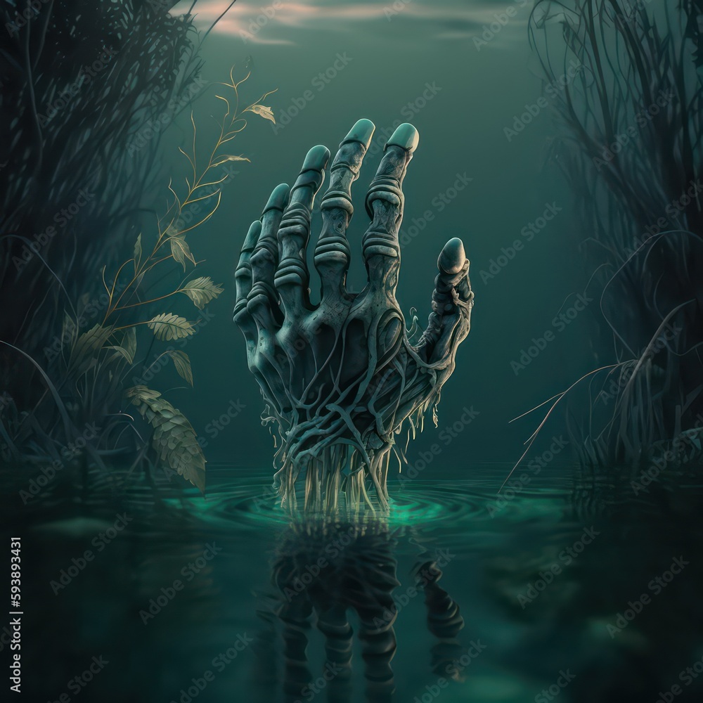Drowning skeleton hand reaching out of dark water surround. Abstract ...