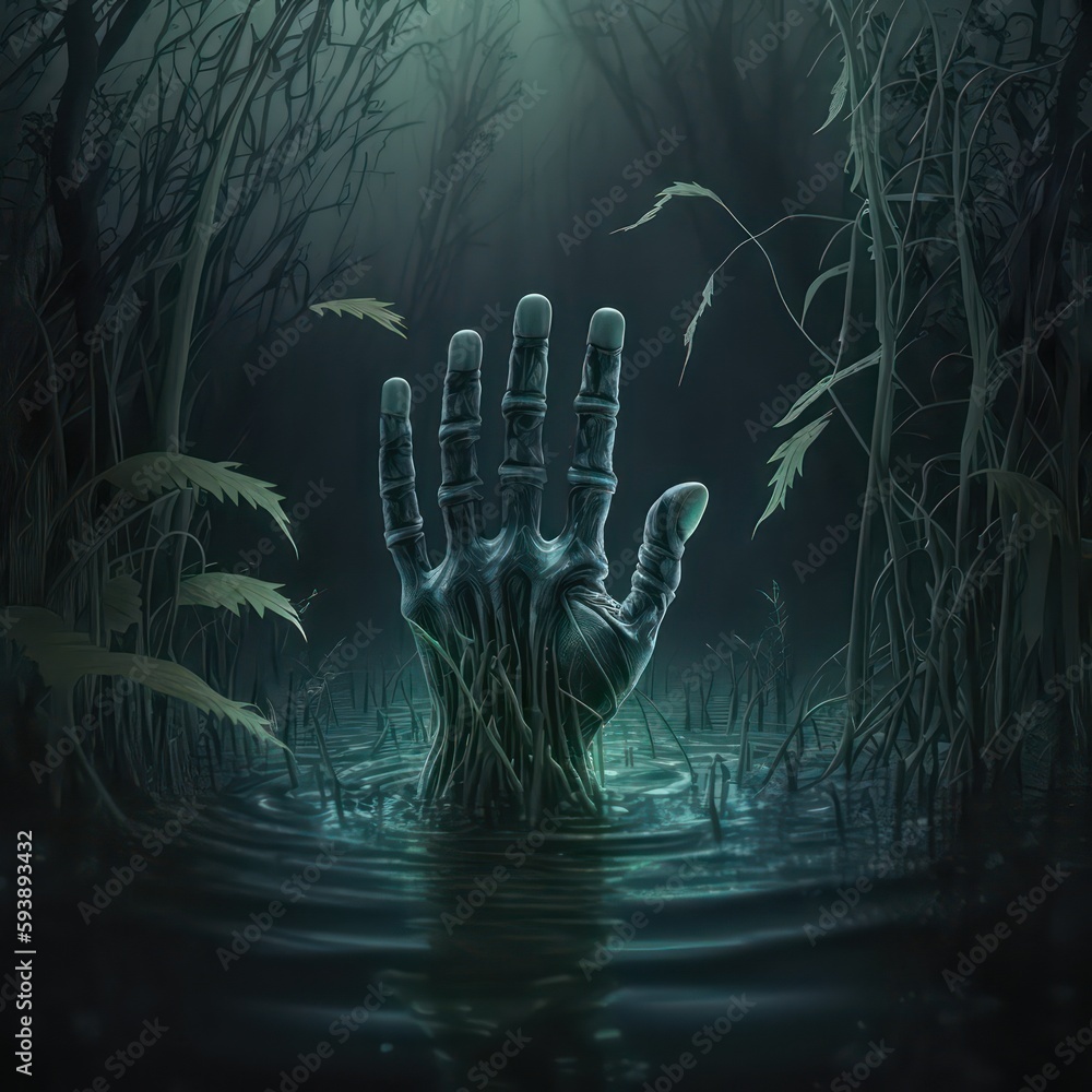 Drowning skeleton hand reaching out of dark water surround. Abstract ...