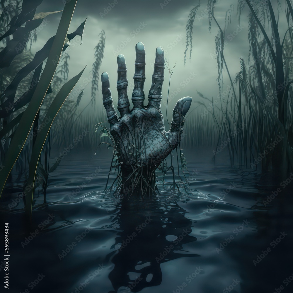 Drowning skeleton hand reaching out of dark water surround. Abstract ...