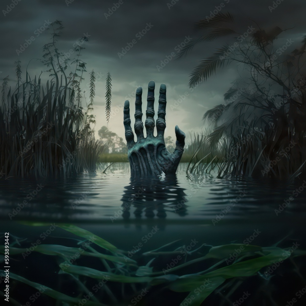 Drowning skeleton hand reaching out of dark water surround. Abstract ...