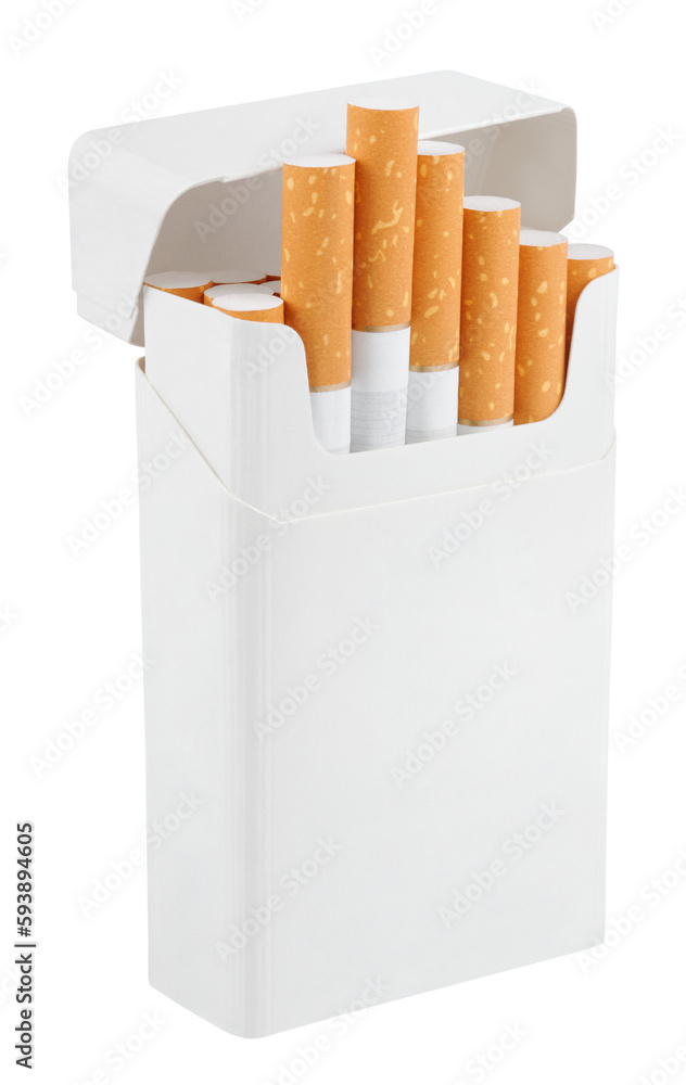 Open pack of cigarettes stands vertically on transparent background ...