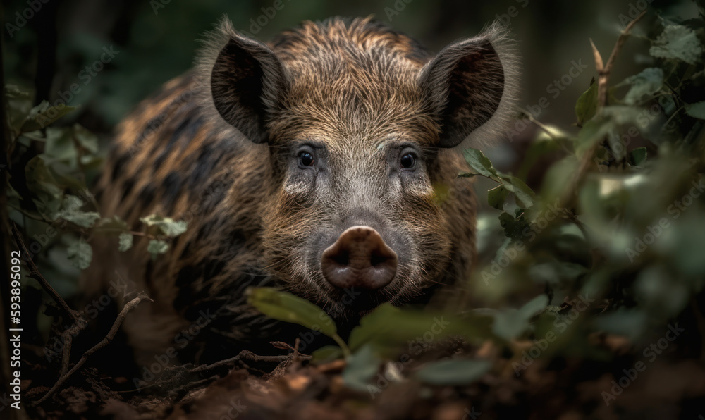 Bushpig perfectly camouflaged in the dense undergrowth of the African ...