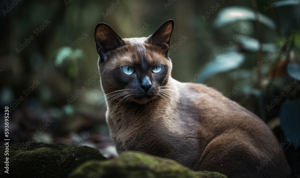 Photo of Burmese cat, perfectly poised in its natural jungle habitat ...