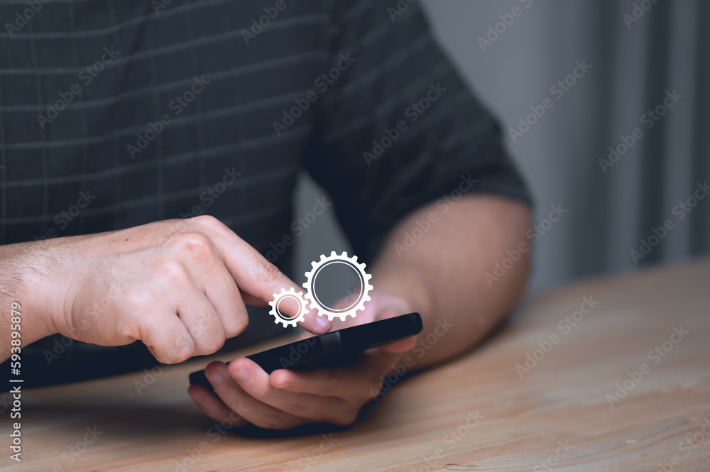 Man press smartphone for setting,Set up application for smart home ... Man press smartphone for setting,Set up application for smart home ...