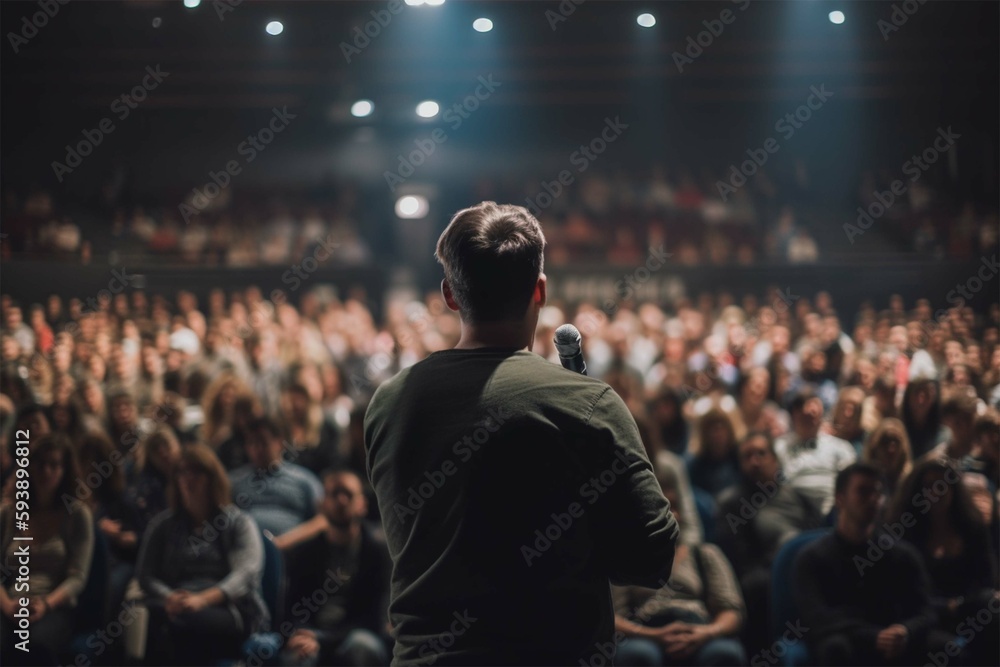 Motivational speaker with headset performing on stage, back view ...