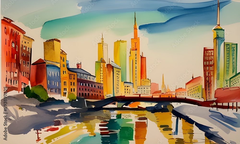 Pastel watercolor painting of the city, buildings, river, picturesque ...