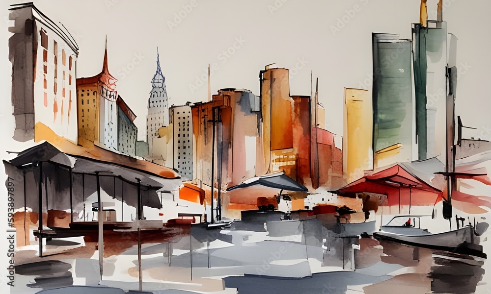 Pastel watercolor painting of the city, buildings, people, street ...