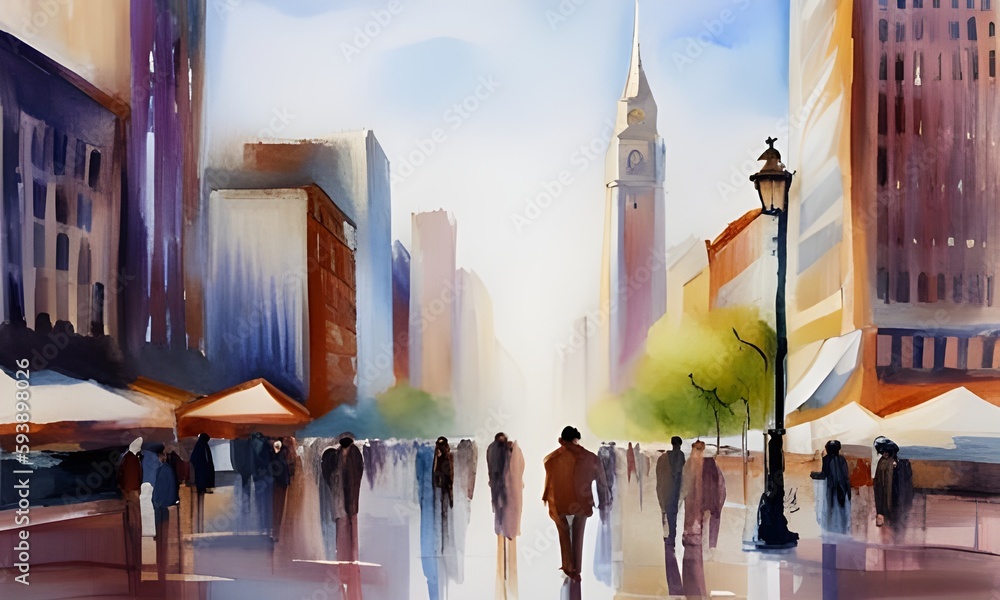 Pastel watercolor painting of the city, buildings, people, street ...