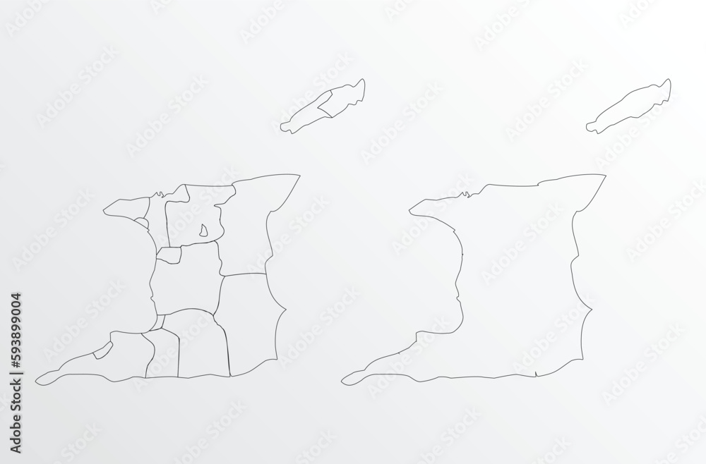 Black Outline vector Map of Trinidad and Tobago with regions on white ...