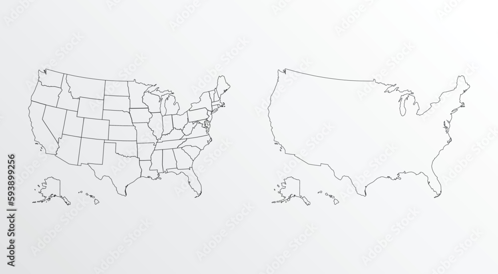 Black Outline vector United States of America Map with States ...