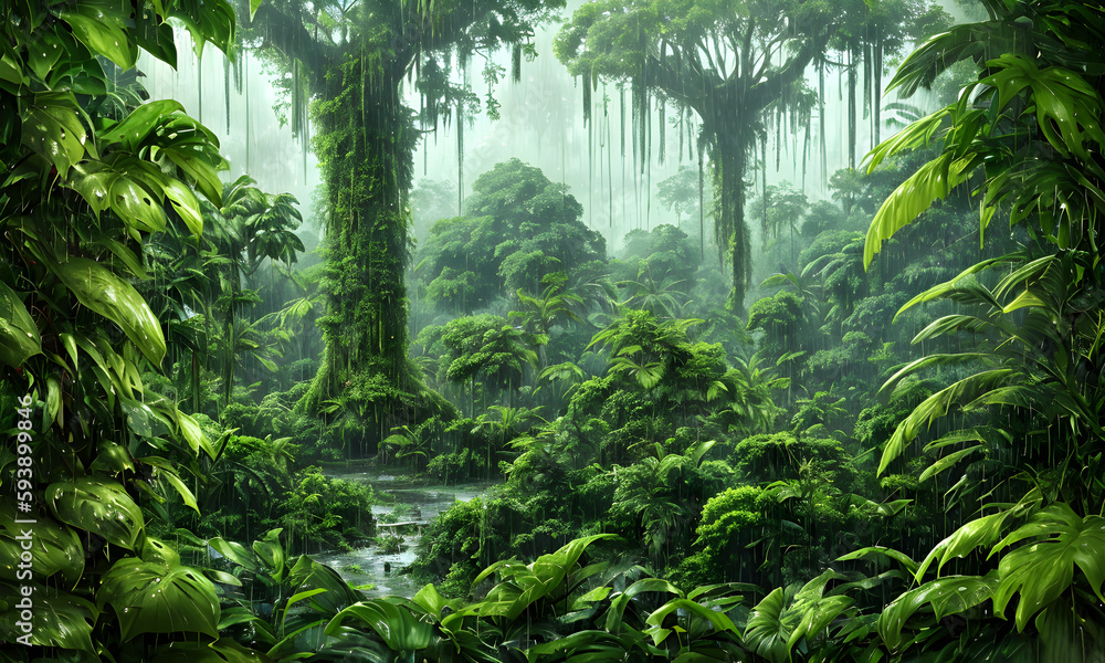 Green rainy rainforest with dark sky, wet palms, trees, leaves and fern ...