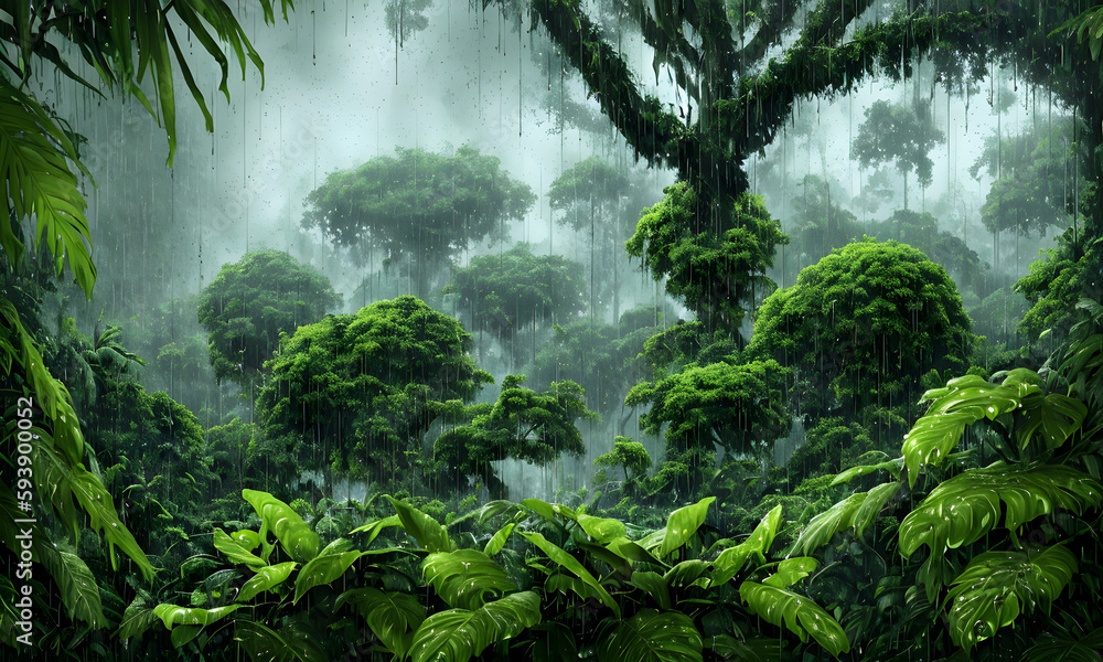 Green rainy rainforest with dark sky, wet palms, trees, leaves and fern ...