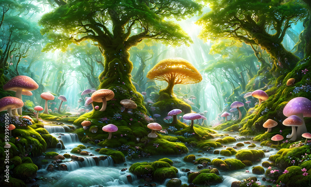 Enchanted fairy tale forest with large mushrooms, trees, rivers streams ...