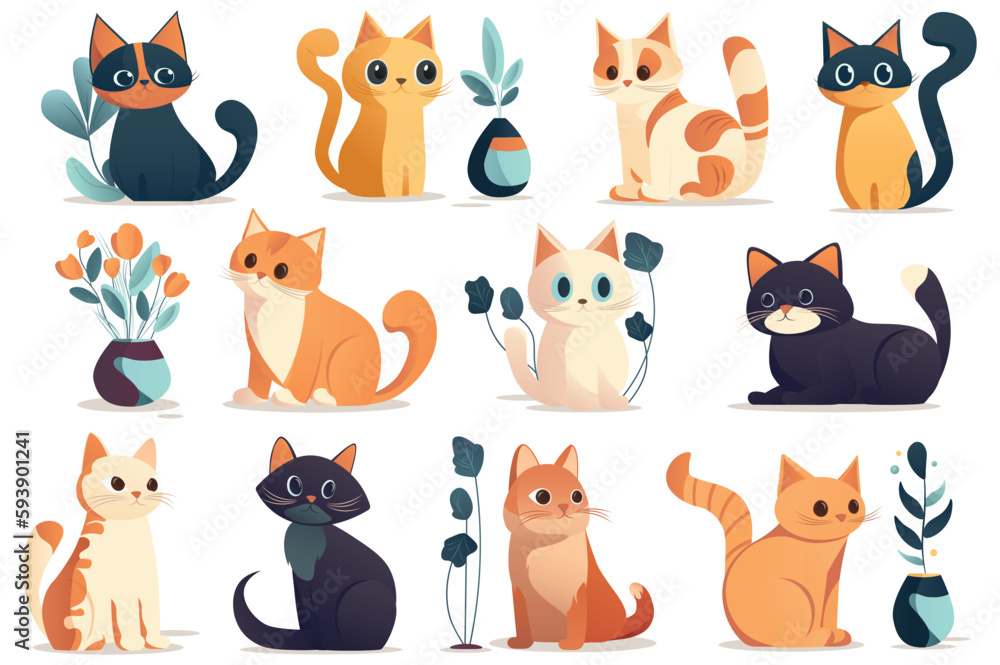 Concept Cats. This flat cartoon design showcases a set of adorable cats ...