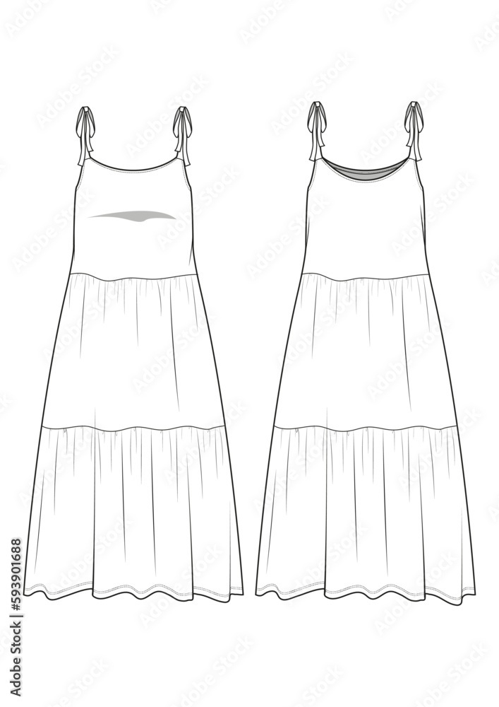 Tie strap tiered maxi dress technical drawing / flat sketch /CAD ...
