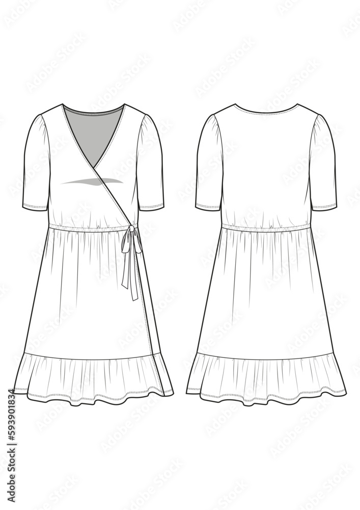 V-neck short half puff sleeve fit and flare dress with wrap detail and ...