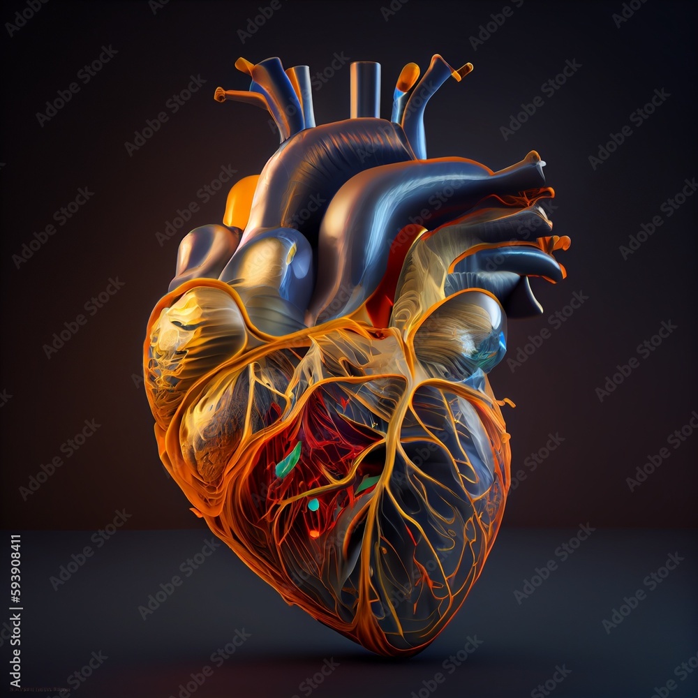 3d realistic illustration colored human heart with aorta. Anatomically ...