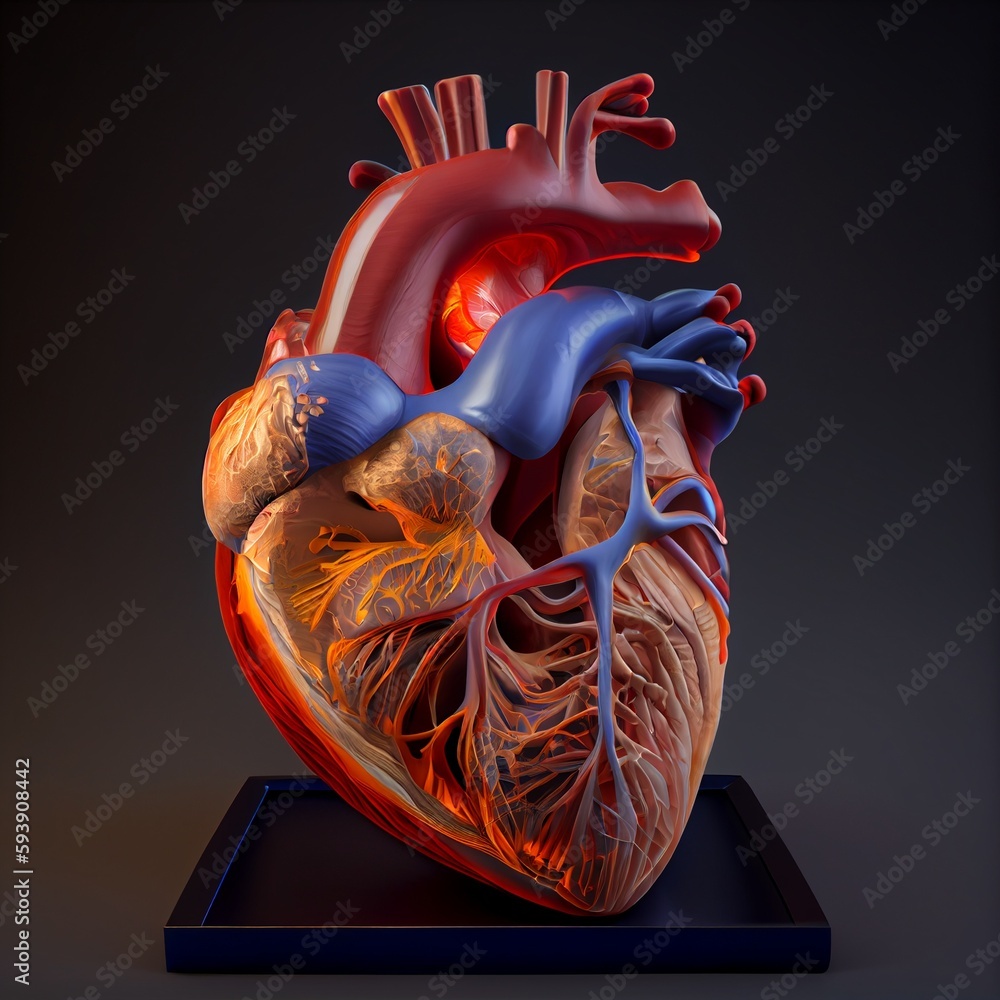 3d realistic illustration colored human heart with aorta. Anatomically ...