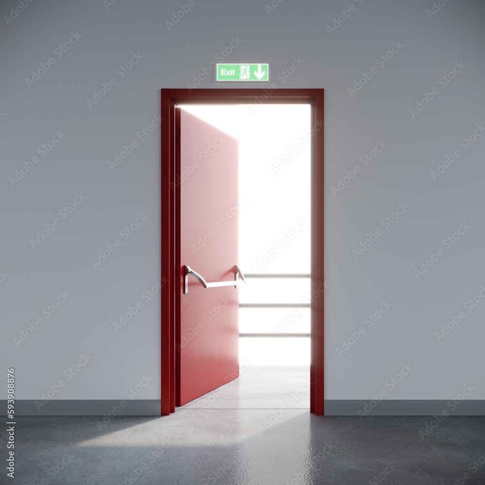 Fire exit red door in white space building . 3d rendering Stock ...