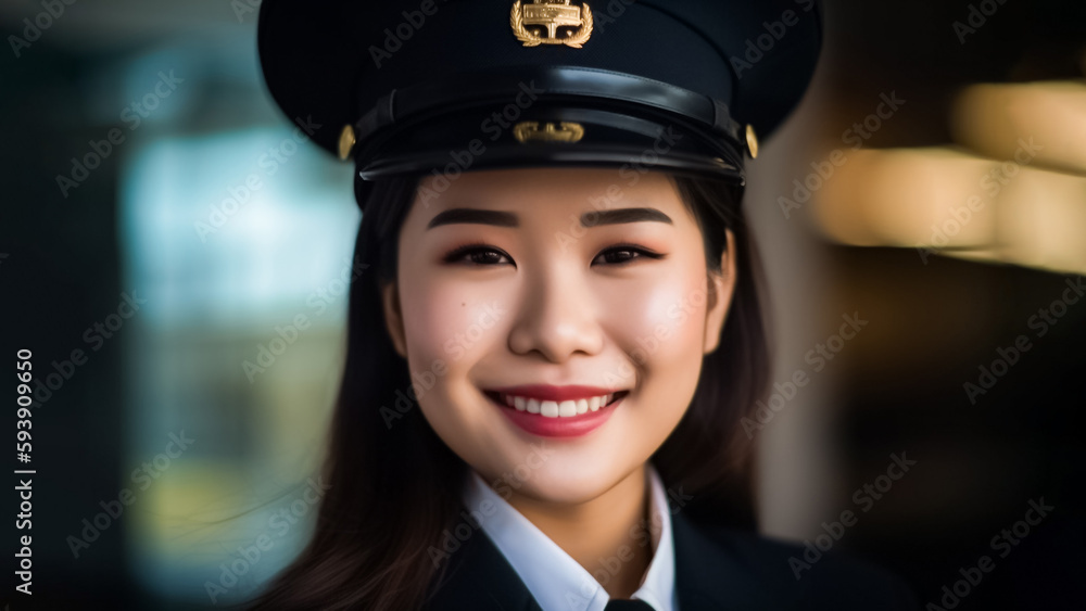 An Asian police woman dressed in her police uniform stands in a public ...