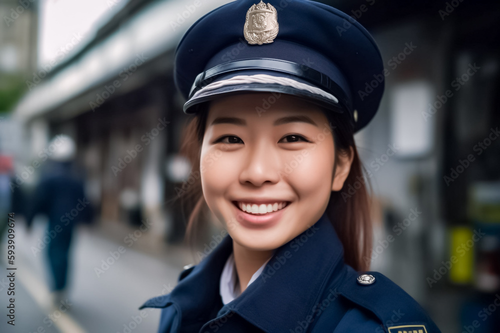 An Asian police woman dressed in her police uniform stands in a public ...