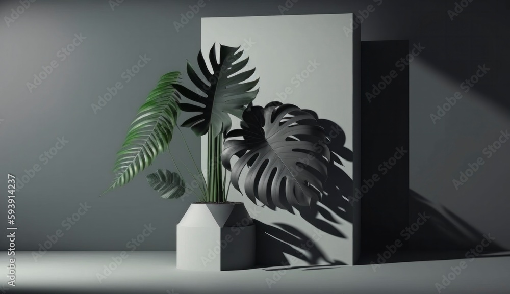 Unobtrusive background with a plant and a wall shadow rendered in 3D ...