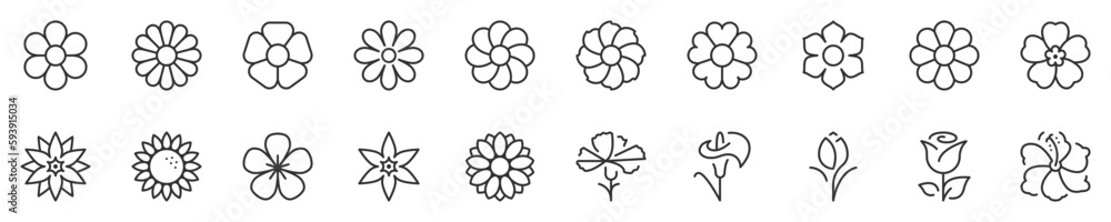 Line icons about flowers. Thin line icon set. Symbol collection in ...
