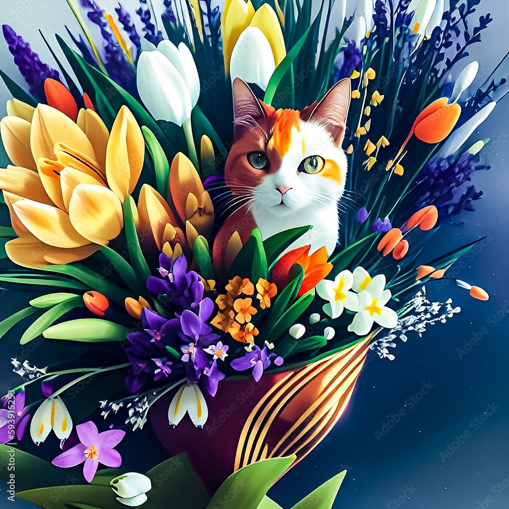 Cat, Bouquet, Good vibes, Spring, Tulip, AI art, Flowers, Whiskers ...