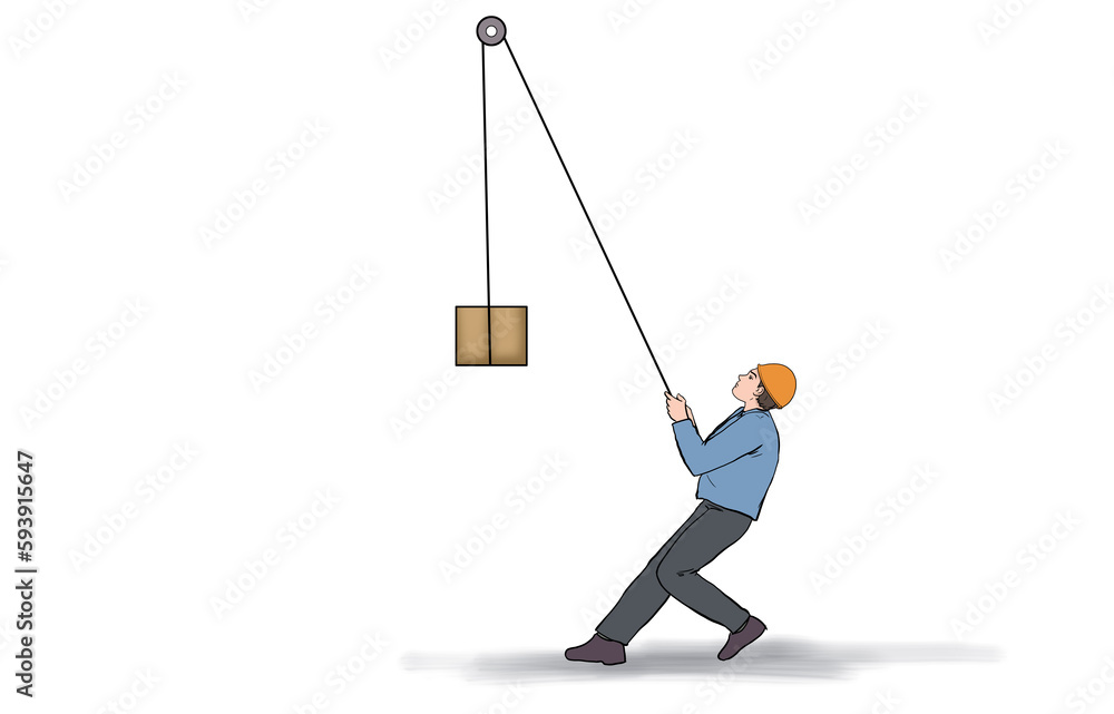 person using simple reel. worker carrying load using simple pulley ...