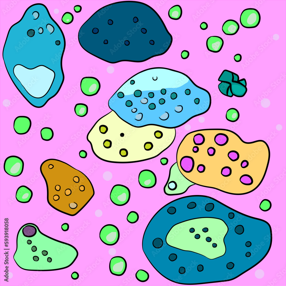 Microbes and microorganisms float in a drop of liquid, cartoon hand ...