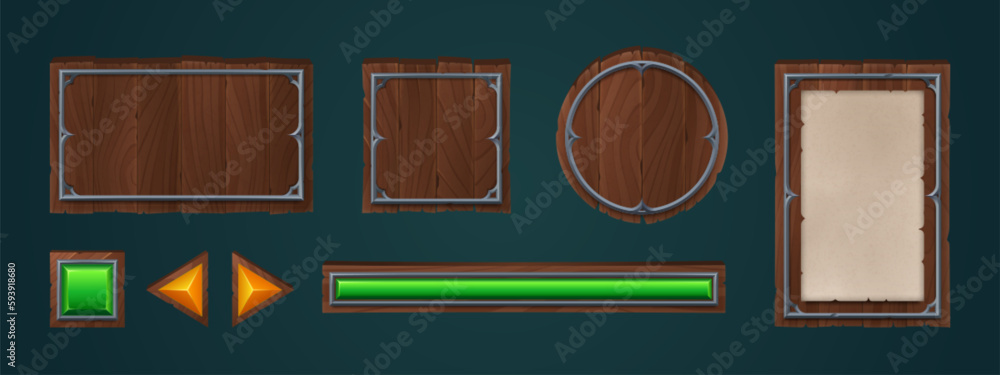 Wooden game interface board vector set. Cartoon button icon with metal frame texture isolated on ...