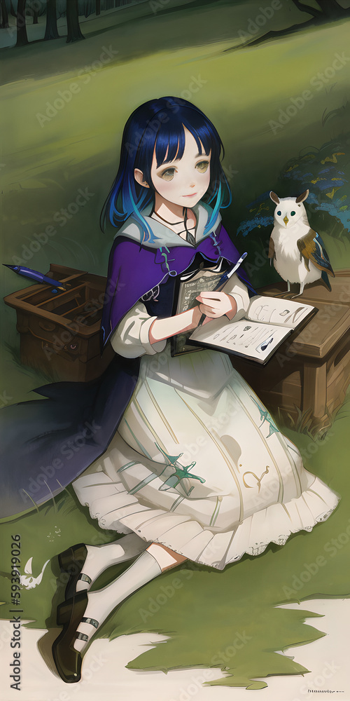 Retrato de maga estilo anime sentada en el césped, videojuegos, con ...