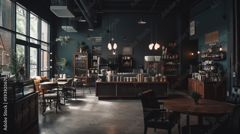 Loft-inspired cafe interior, dark tones, open space, coffee choices ...