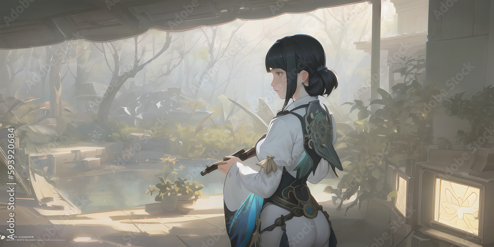 Waifu con poderes mágicos caminando por el bosque con rayos de sol ...