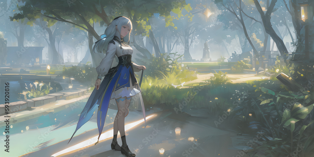 Waifu con poderes mágicos caminando por el bosque con rayos de sol ...