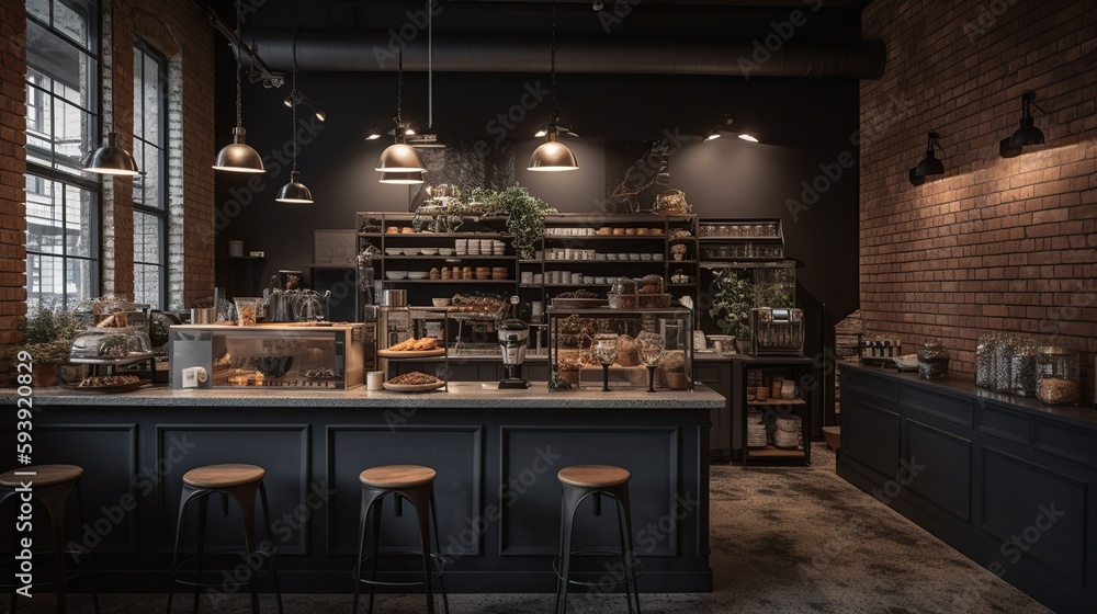 Loft-inspired cafe interior, dark tones, open space, coffee choices ...