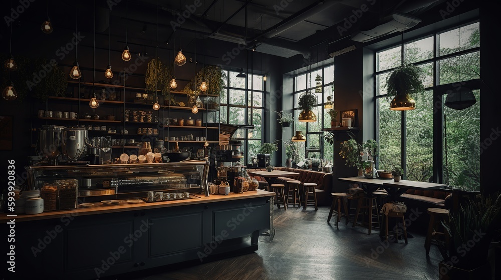 Loft-inspired cafe interior, dark tones, open space, coffee choices ...