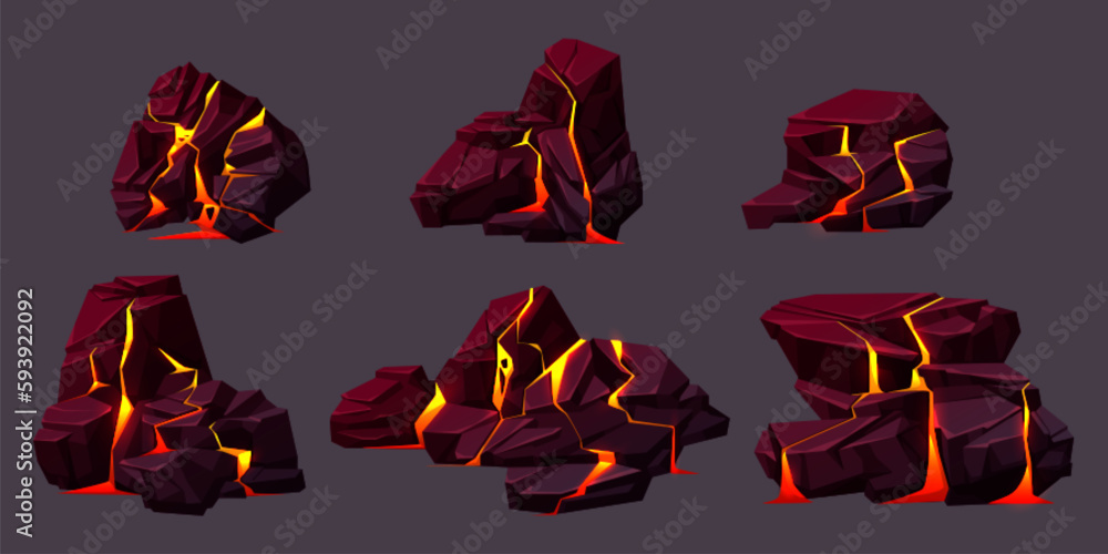 Volcano boulder texture with lava in cracks and broken stones. Volcanic ...