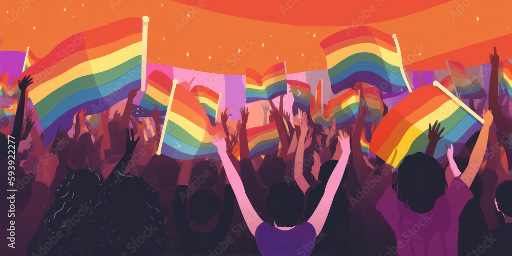 Vector illustration of crowd of people holding lgbt rainbow flags ...
